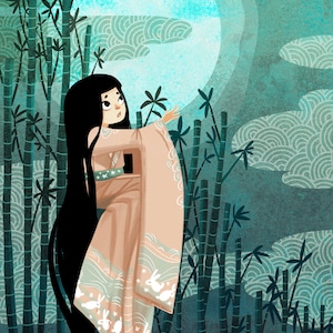 Bamboo and Moon 8x12 Japanese Folklore Illustration - Etsy