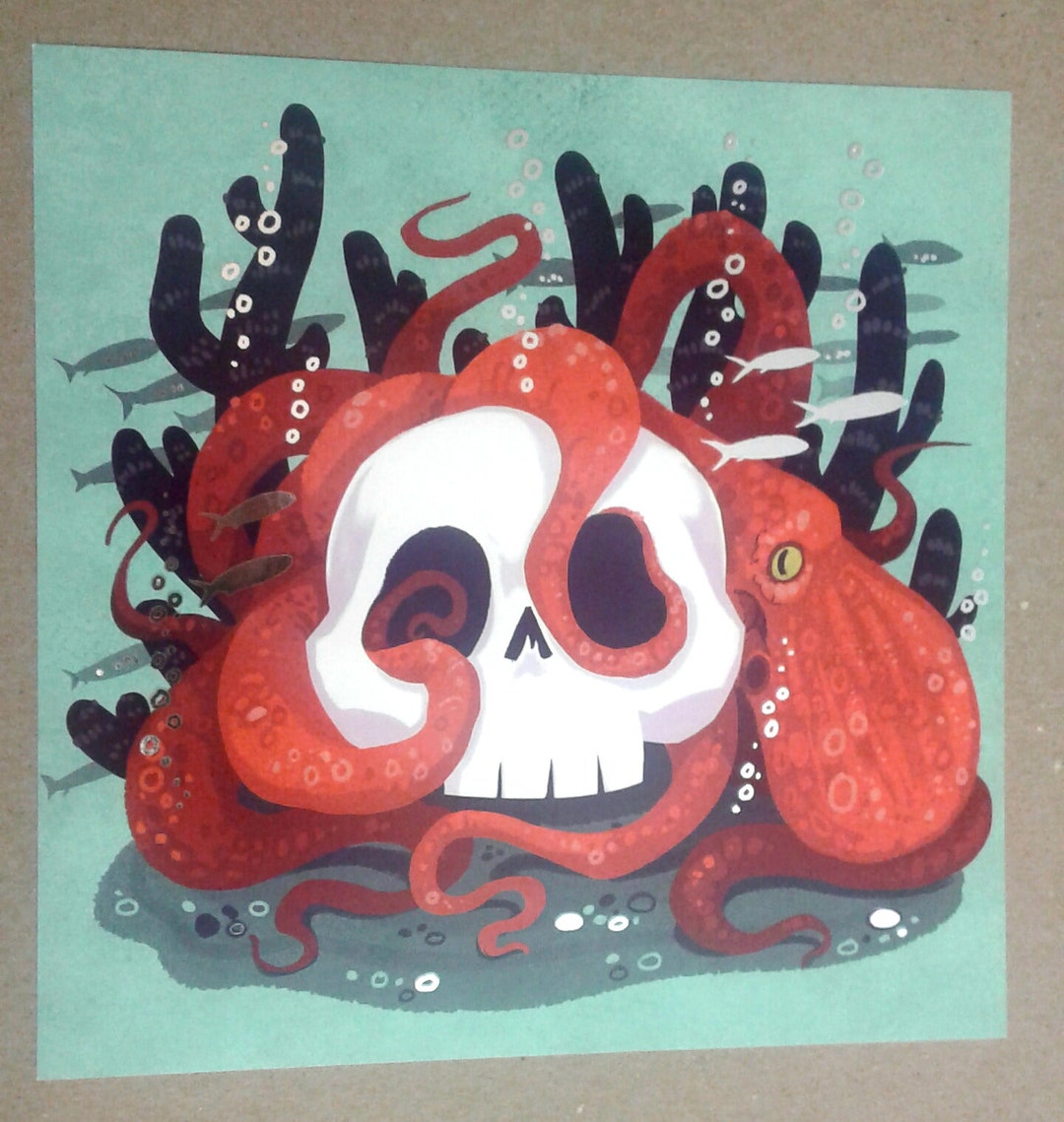 Octopus Treasure Skull Square 8x8 Art Print With Silver Foil Details - Etsy