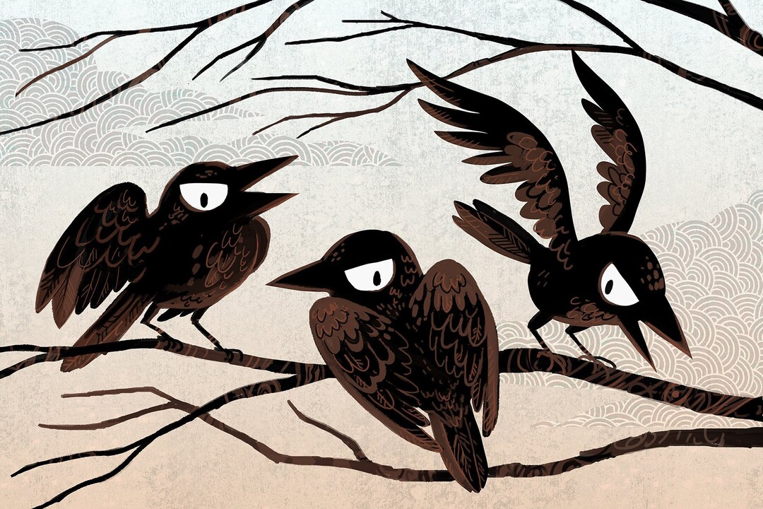 Wintery Landscape Cranky Crows Cute Corvids 8x12 Inch Art Print on ...