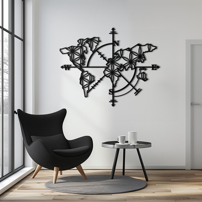 Metal World Map Compass Wall Art, Compass World Map, Compass Wall Decor ...