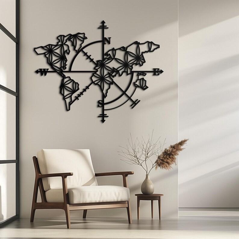 Metal World Map Compass Wall Art, Compass World Map, Compass Wall Decor ...