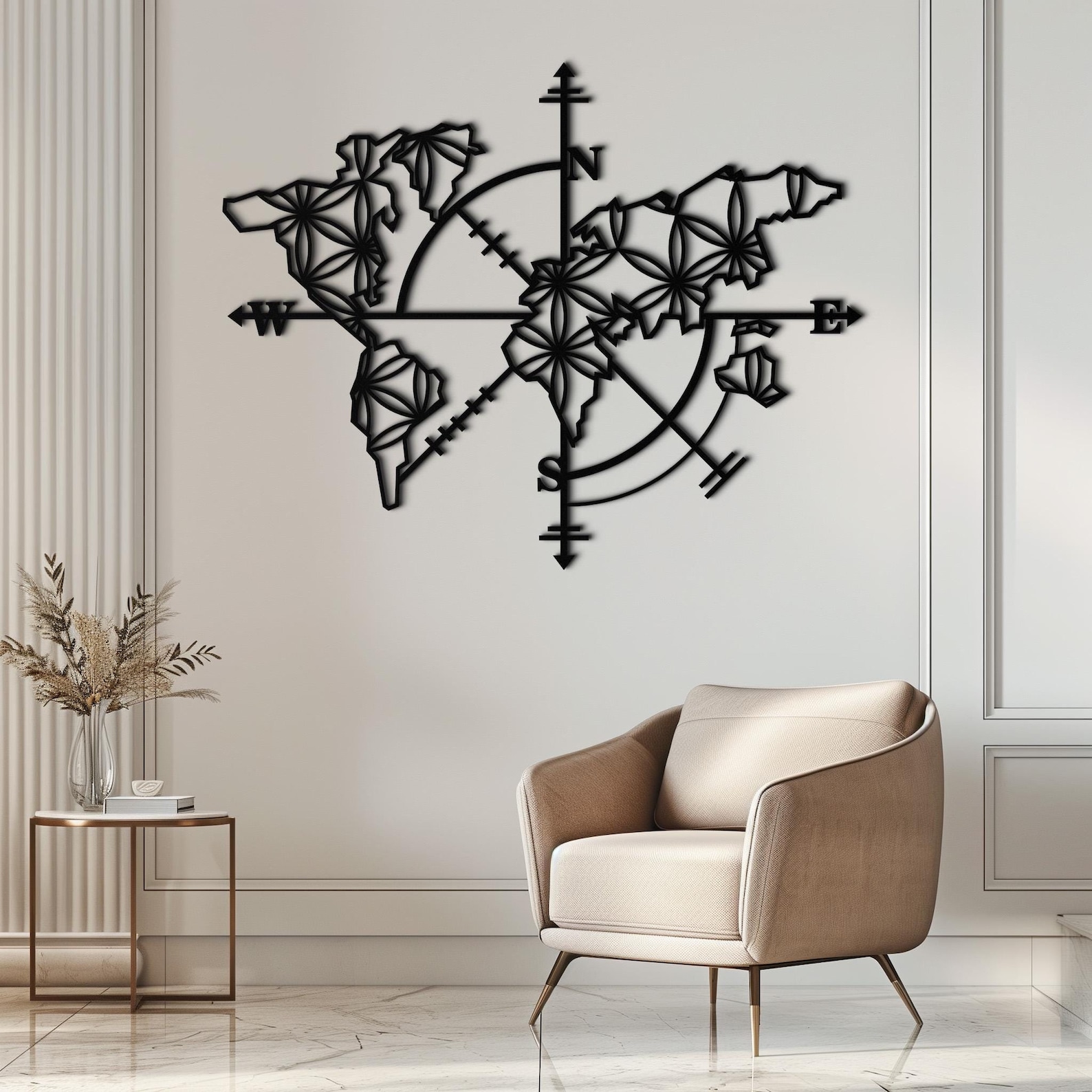Metal World Map Compass Wall Art, Compass World Map, Compass Wall Decor ...