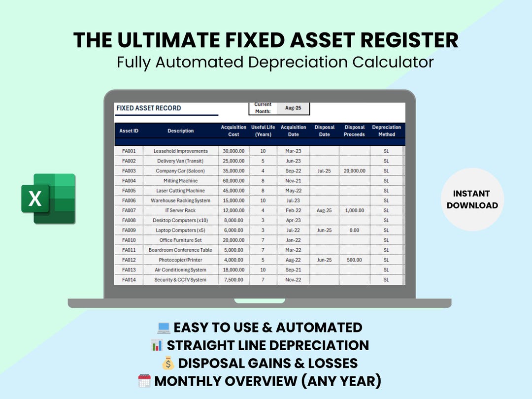 Excel Fixed Asset Register | Automated Depreciation Template | Straight Line Method | Easy-to ...