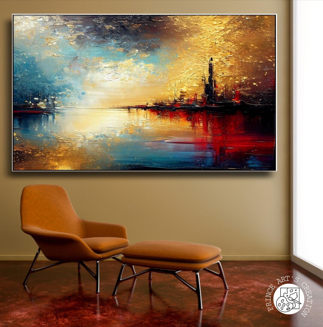 Golden City Reflection Abstract Painting on Canvas, Textured Modern ...