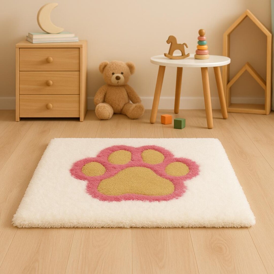3x3,custom Paw Print Rug – Handmade Tufted Pet Rug – Pink & White ...