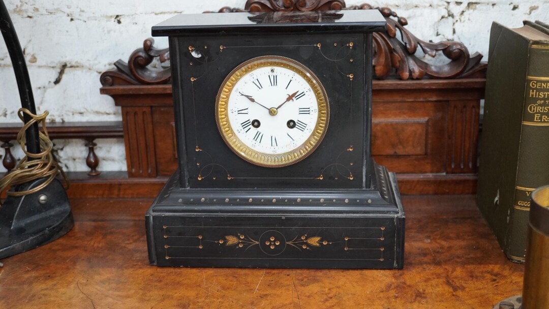 Antique French Black Slate Mantel Clock With Inlay Detailing - Etsy UK