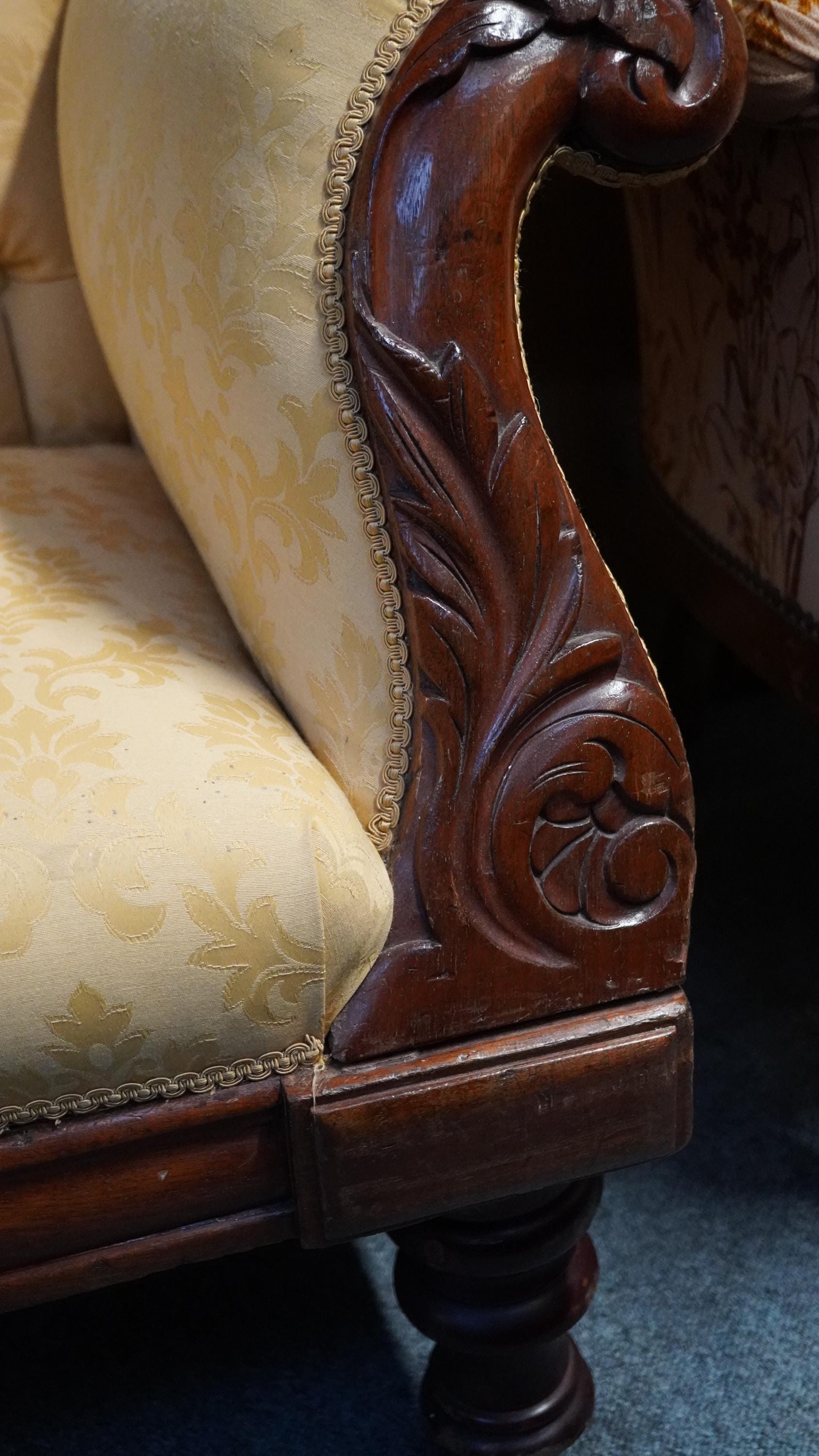 Victorian Style Carved Mahogany Sofa With Yellow Damask Upholstery - Etsy