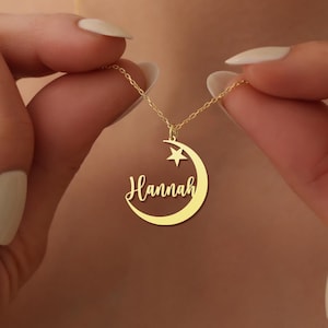 Moon Star Necklace, Personalized Moon Necklace, Custom Name Moon ...