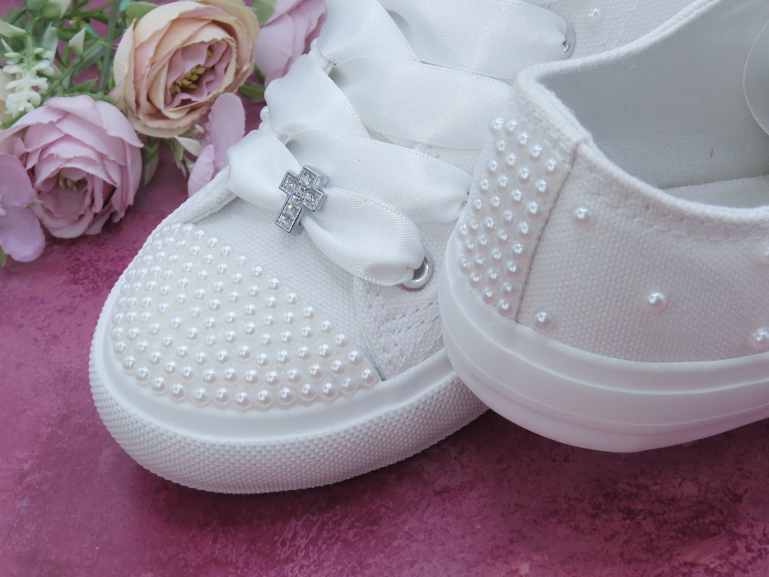 Pearl Holy Communion Trainers: White/ivory Pearl, Diamante Cross Charms ...