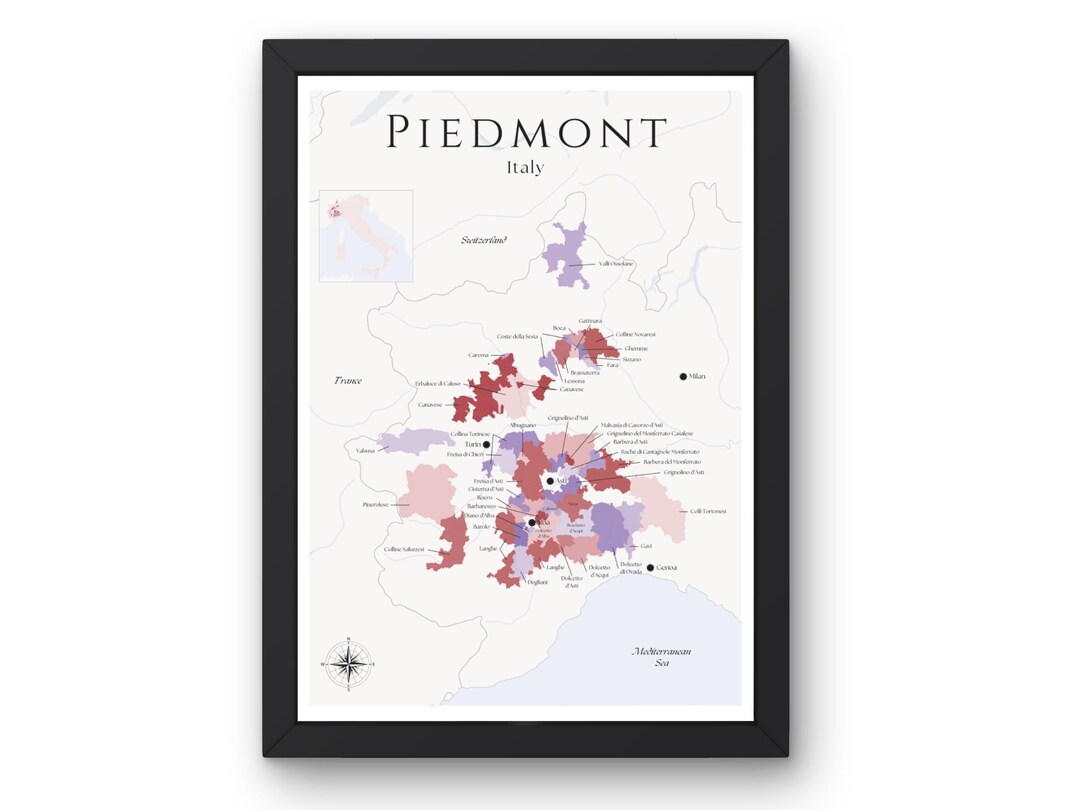 Piedmont Wine Map (physical Print, Unframed): Elegant Wall Art & Wine ...