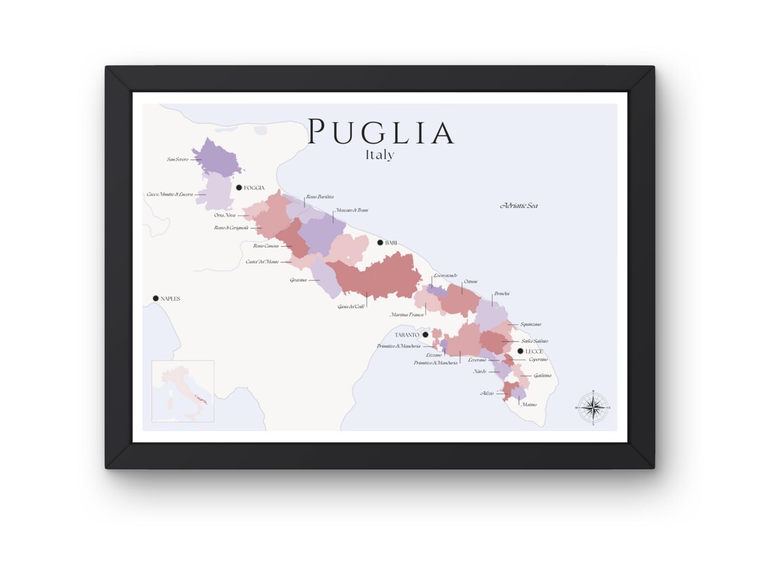 Puglia Wine Map physical Print, Unframed: Explore the Vineyards of ...