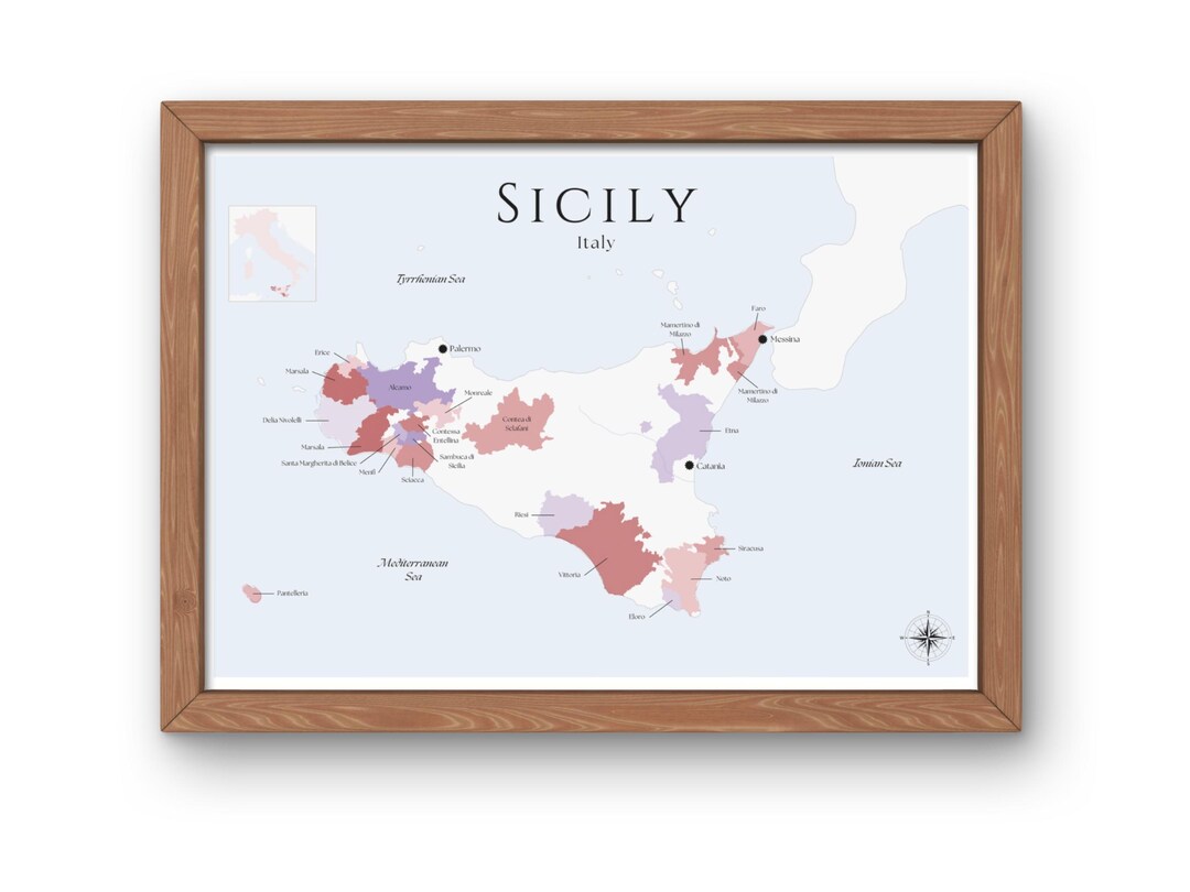 Sicily Wine Map: Explore the Vineyards of Italy Elegant Wall Art & Wine ...