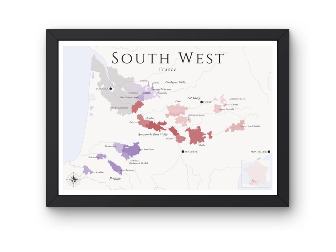 South West France Wine Map (physical Print, Unframed): Explore the Vineyards of South West ...