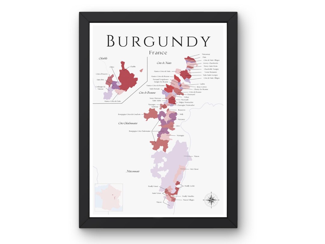 Burgundy Wine Map (physical Print, Unframed): Elegant Wall Art & Wine ...
