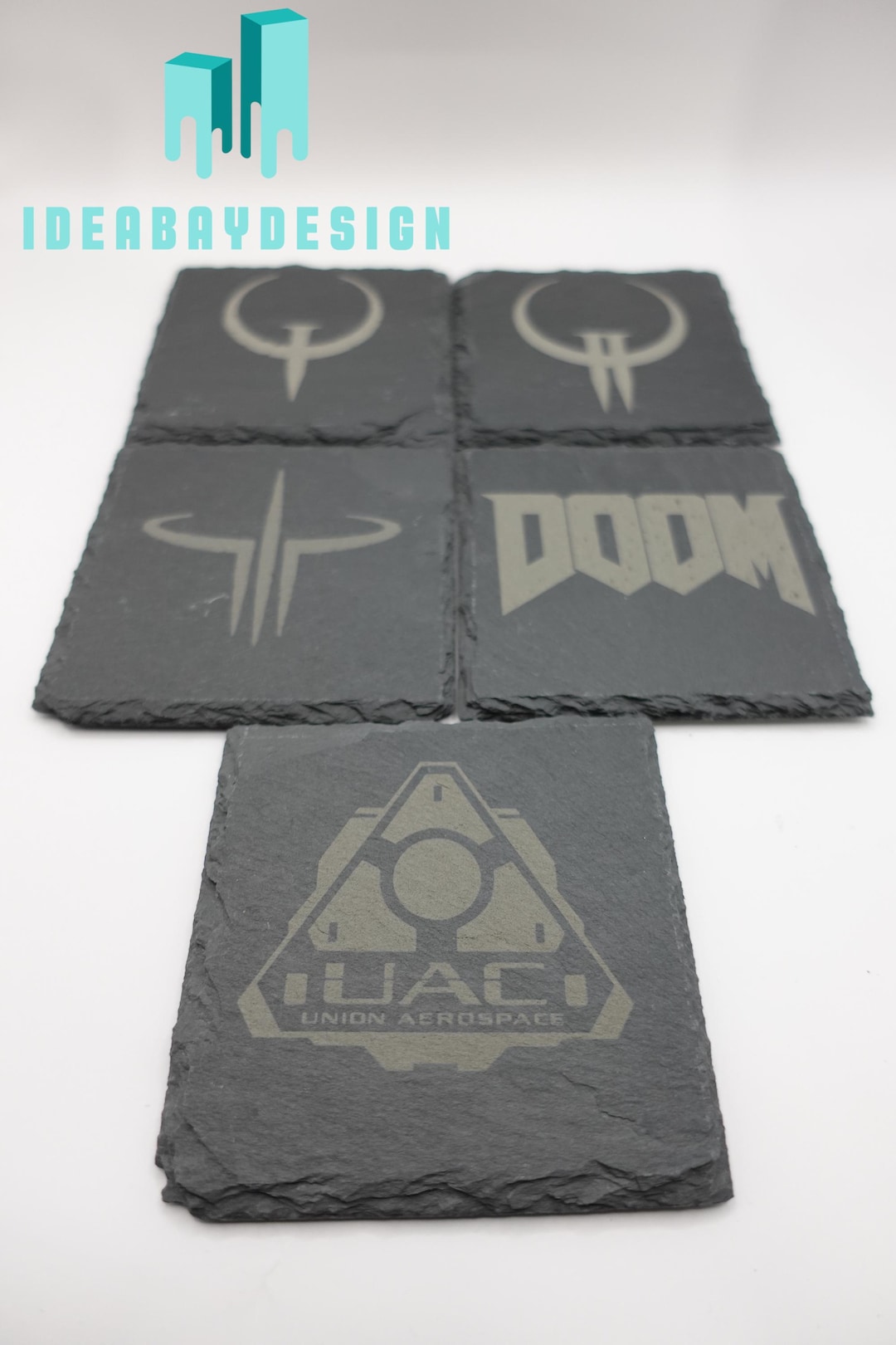 Quake, Doom & UAC Logos Laser Engraved Slate Coasters - Gaming ...