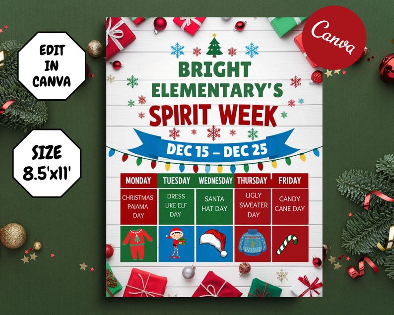 Customizable Holiday School Spirit Week Flyer, PTO Schedule, December ...