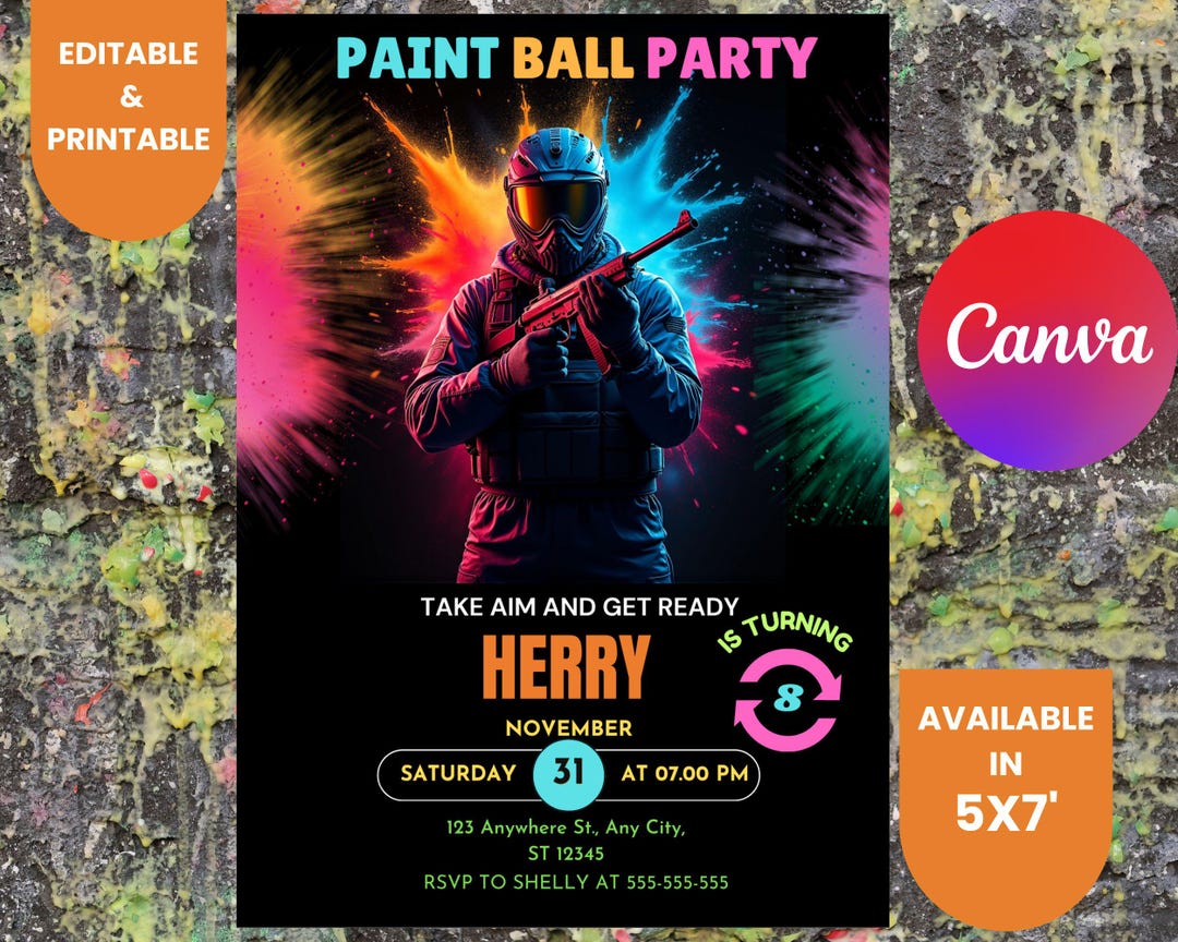 Paintball Birthday Invitation Boy EDITABLE Paintball Party Invite ...
