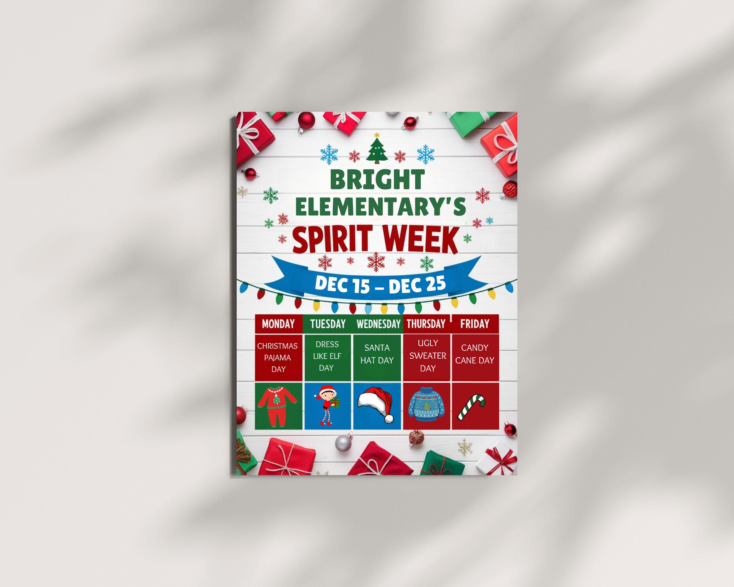 Customizable Holiday School Spirit Week Flyer, PTO Schedule, December ...