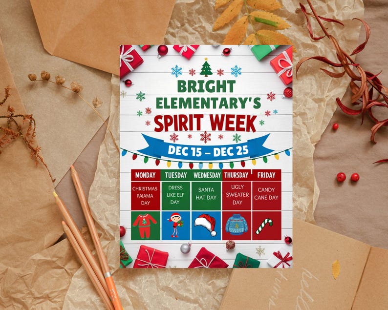Customizable Holiday School Spirit Week Flyer, PTO Schedule, December ...