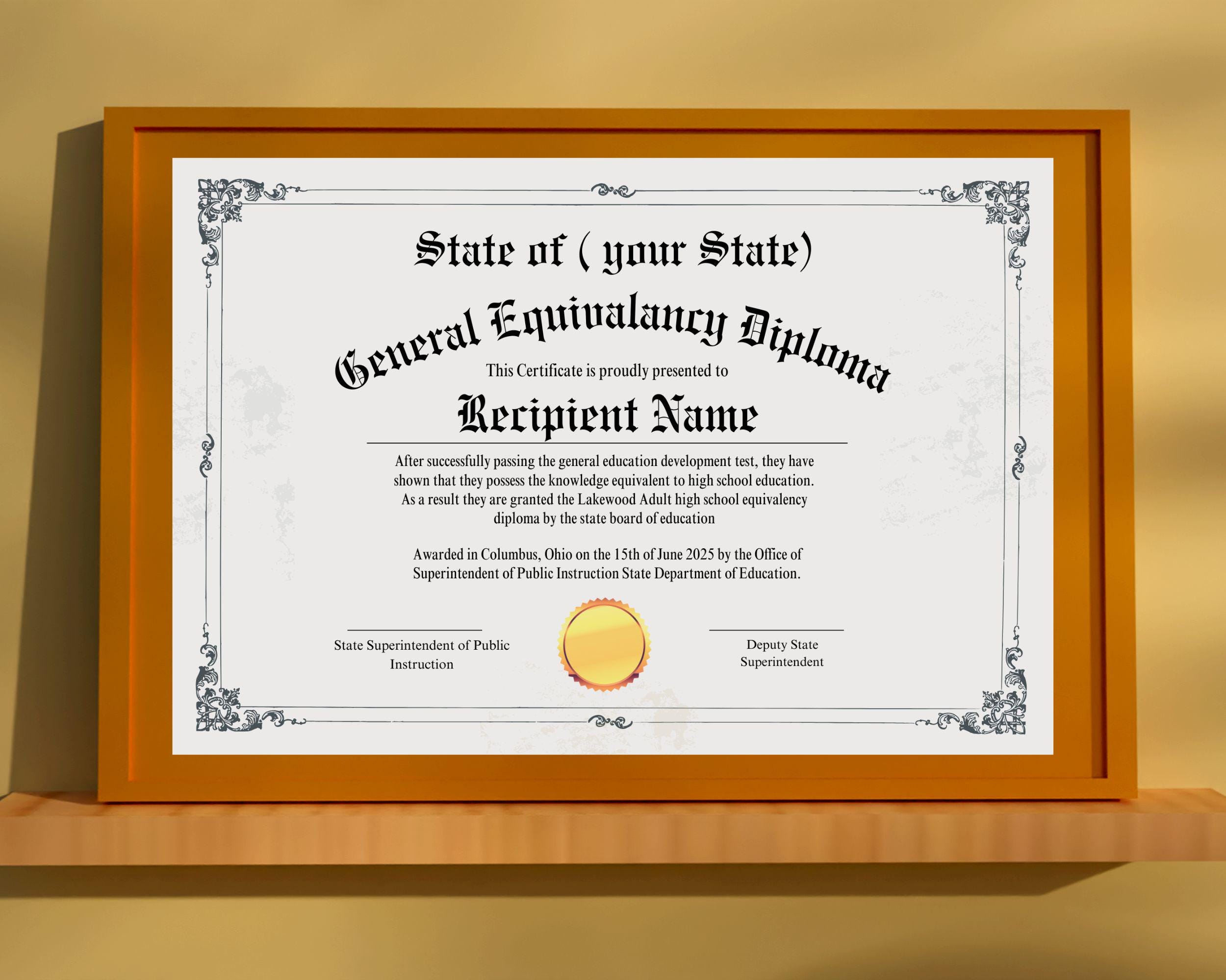 GED Diploma Certificate With Seal, Canva Template, Certificate ...