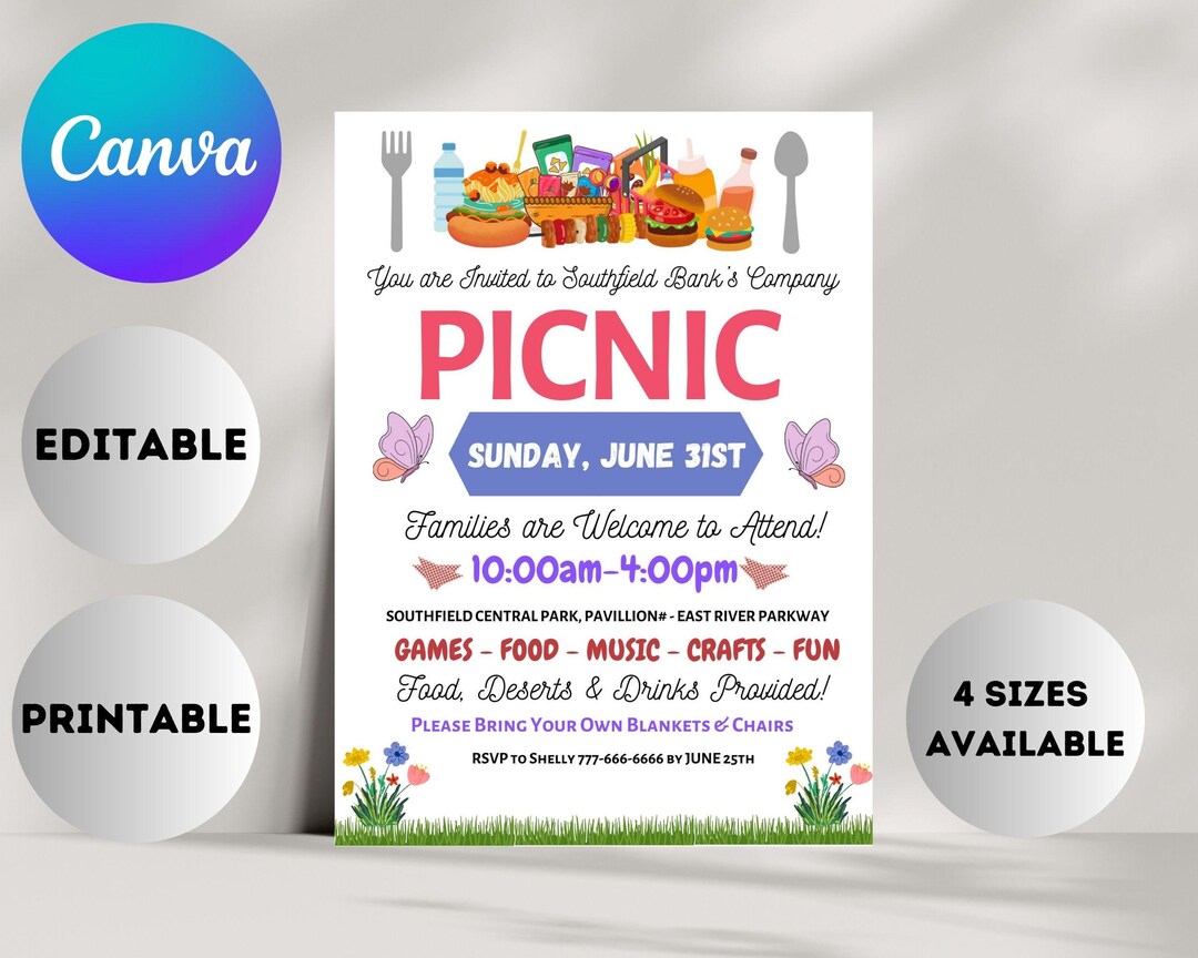 Company Picnic Flyer Editable Canva Template, Family Picnic Fundraiser ...