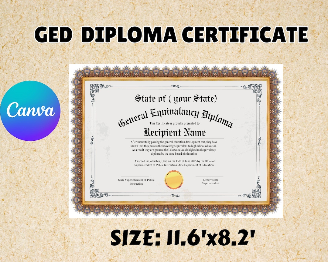 GED Diploma Certificate With Seal, Canva Template, Certificate ...
