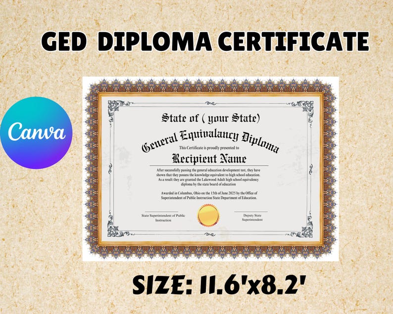 GED Diploma Certificate With Seal, Canva Template, Certificate ...