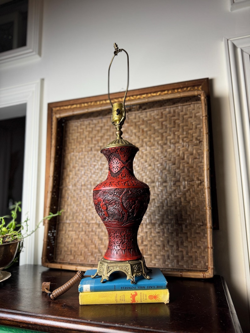 Vintage Chinese Cinnabar Lacquer Vase Table Lamp - Carved Brass ...