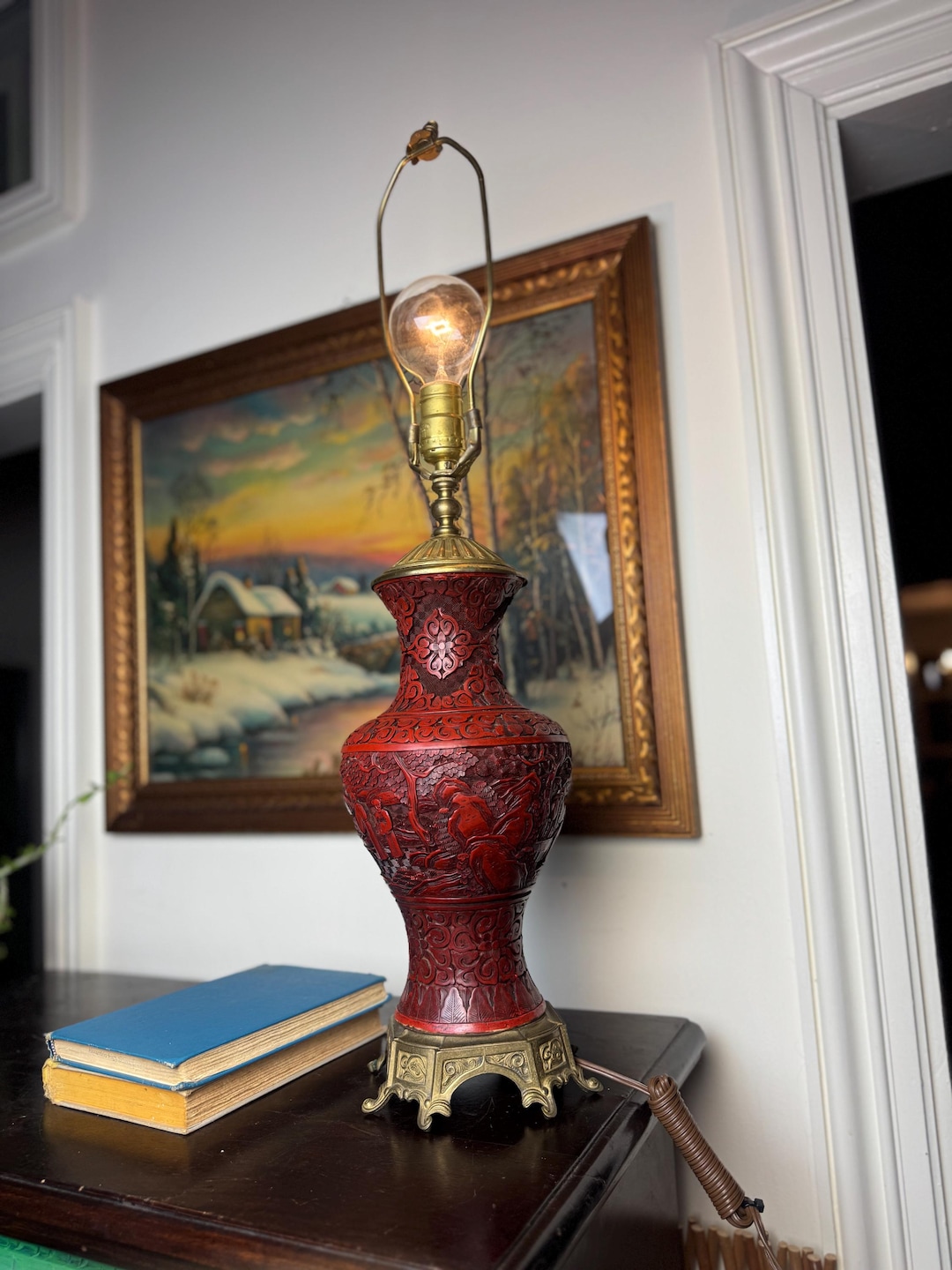 Vintage Chinese Cinnabar Lacquer Vase Table Lamp - Carved Brass ...