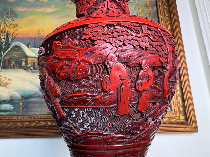 Vintage Chinese Cinnabar Lacquer Vase Table Lamp - Carved Brass ...