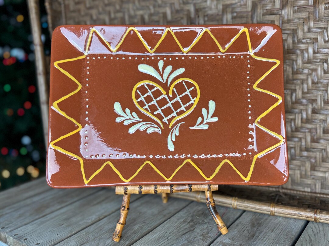 Vintage Colonial Tin Works Redware Tray - Folk Art Slip Trailed Heart ...