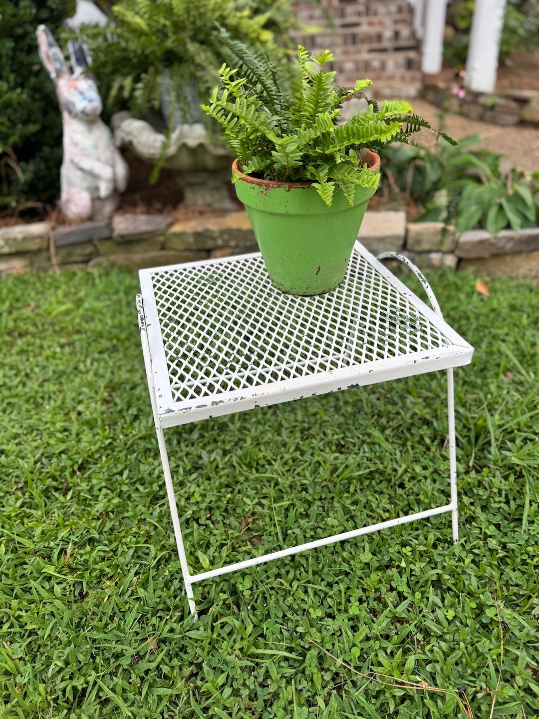 Vintage Mid-century White Wrought Iron Mesh Patio Table - Retro Outdoor ...