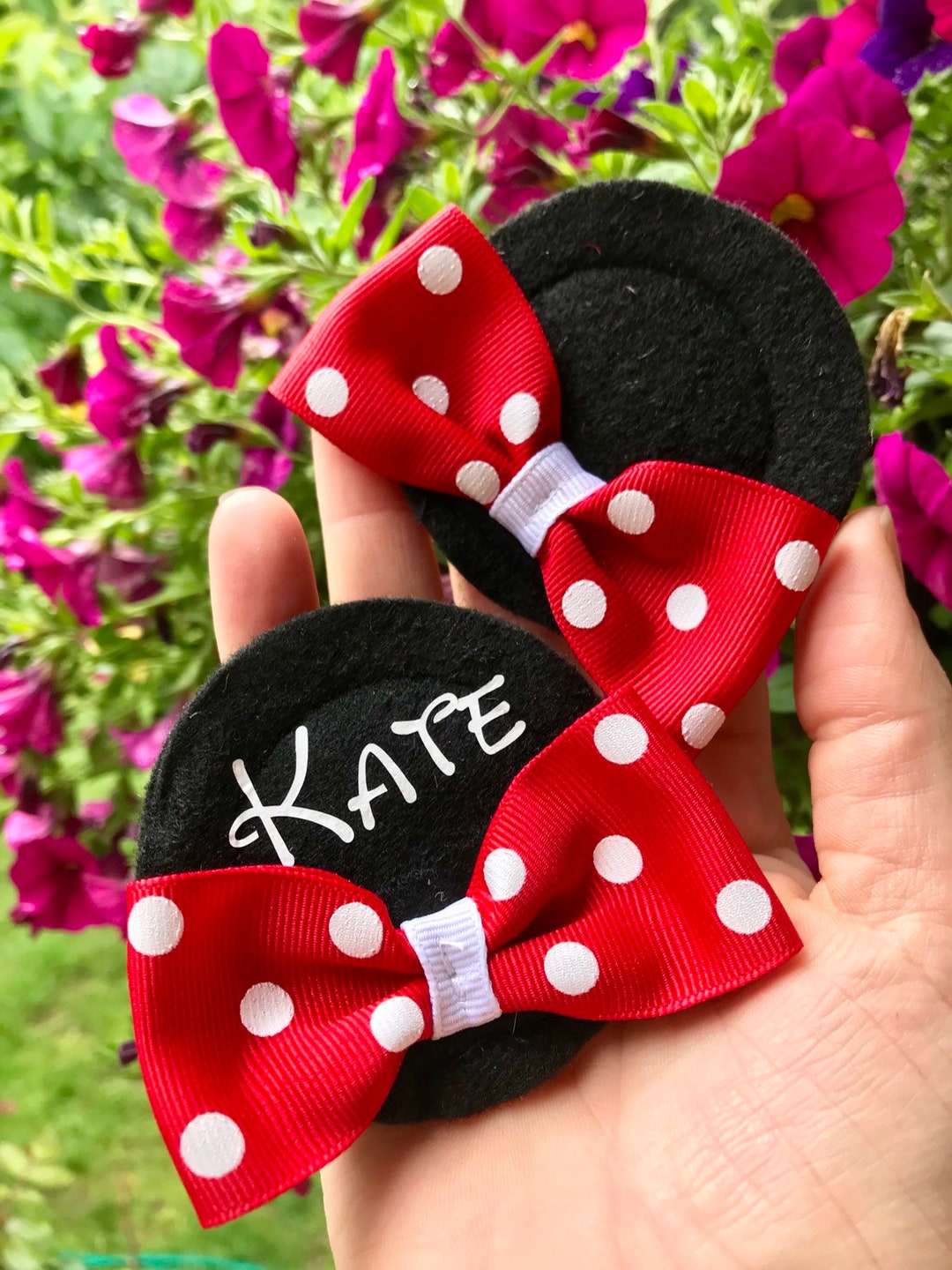 Personalized Minnie Mouse Ear Clips: Polka Dot Bow, Custom Name Felt ...