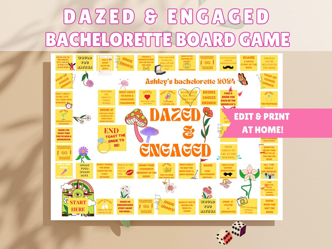 Dazed and Engaged Bachelorette Party Games Printable Editable Board ...