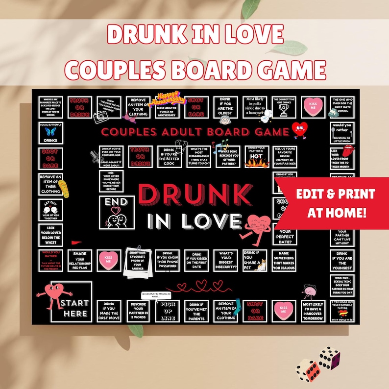 Date Night Game Drunk in Love Couples Drinking Board Game Printable Editable Digital Download ...