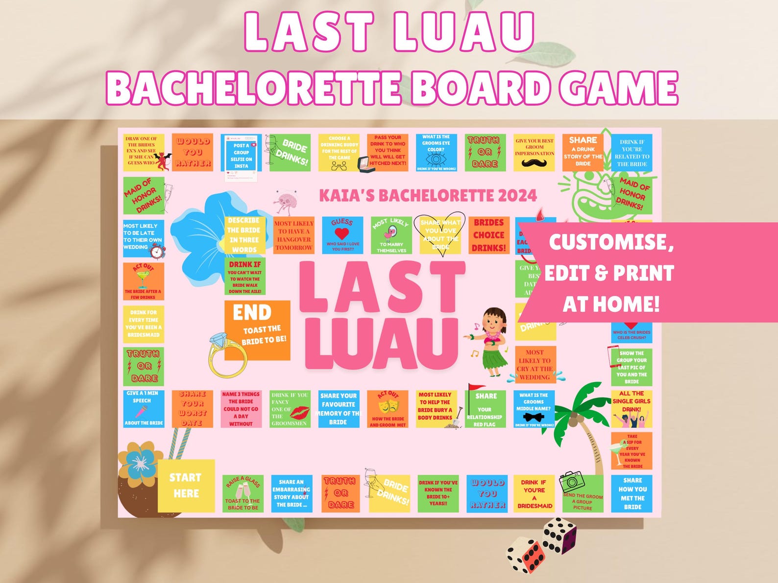 Last Luau Bachelorette Party Games Printable Editable Board Game Hen Do ...