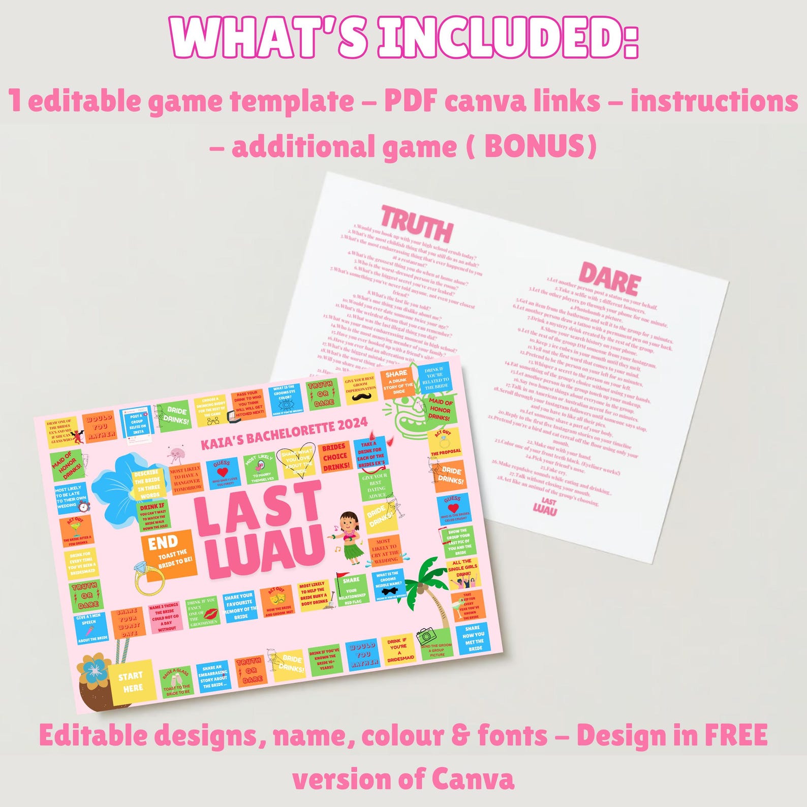 Last Luau Bachelorette Party Games Printable Editable Board Game Hen Do ...