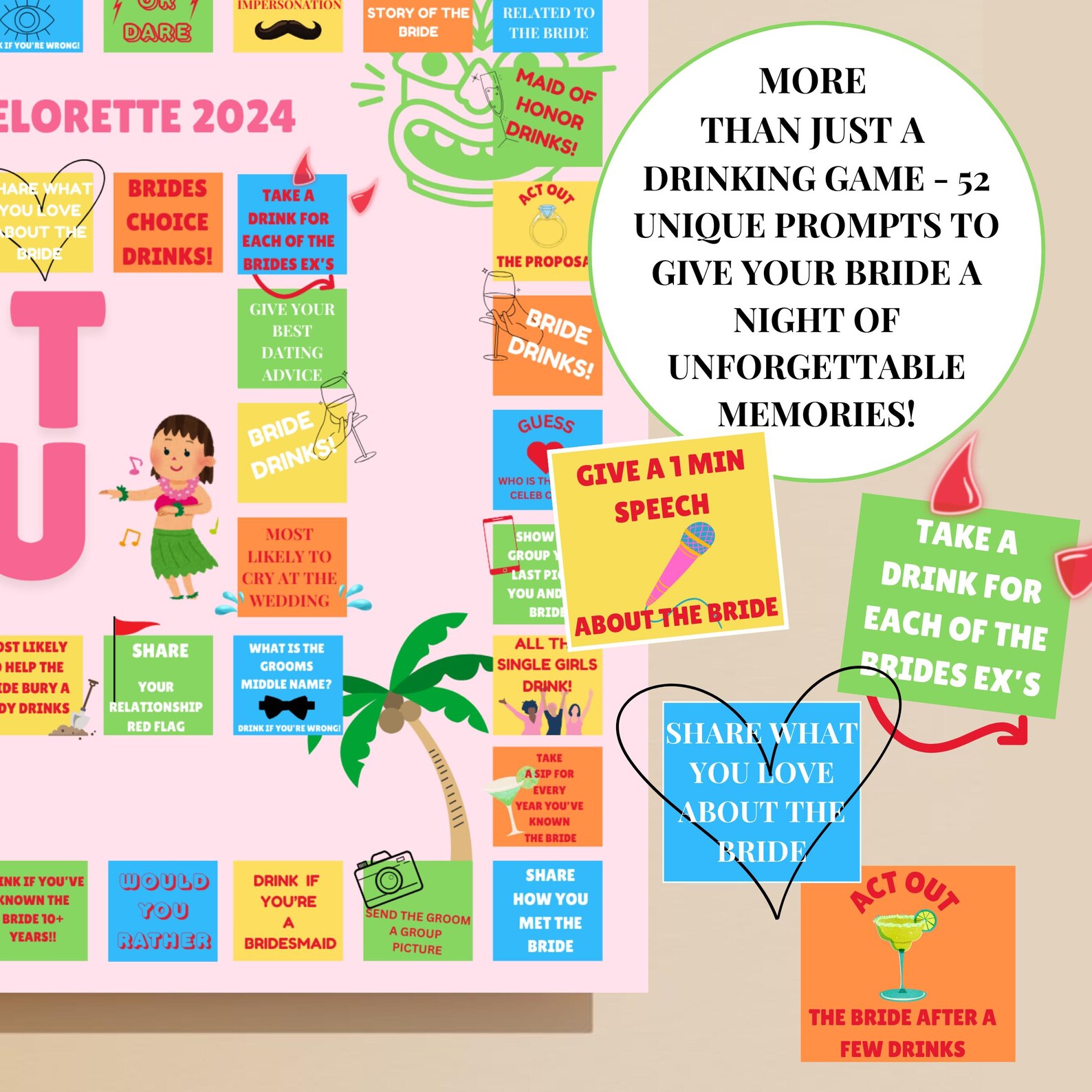 Last Luau Bachelorette Party Games Printable Editable Board Game Hen Do ...