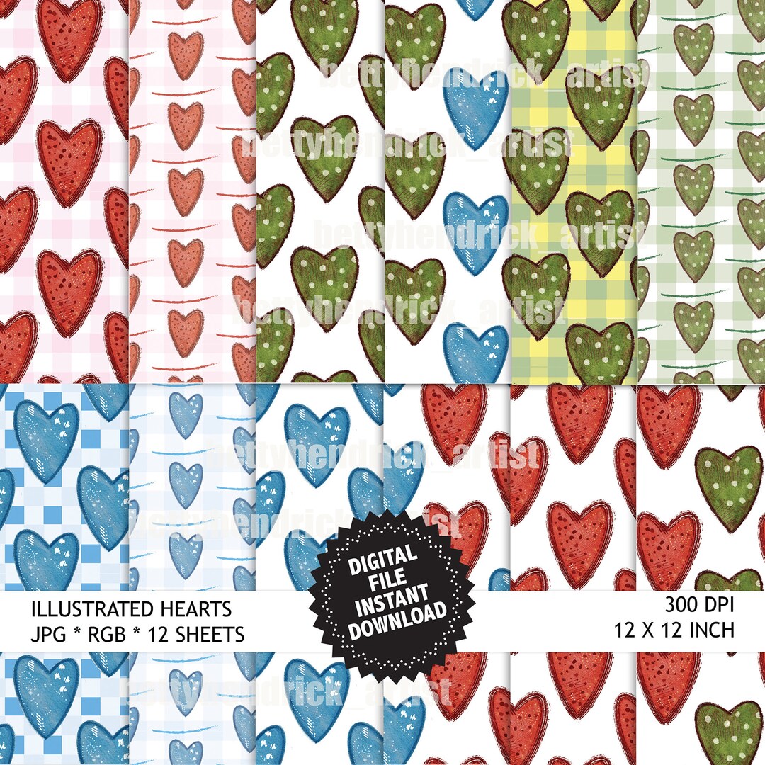 12 Hearts Pattern Paper Printable, Red Hearts Paper, Pattern Paper ...
