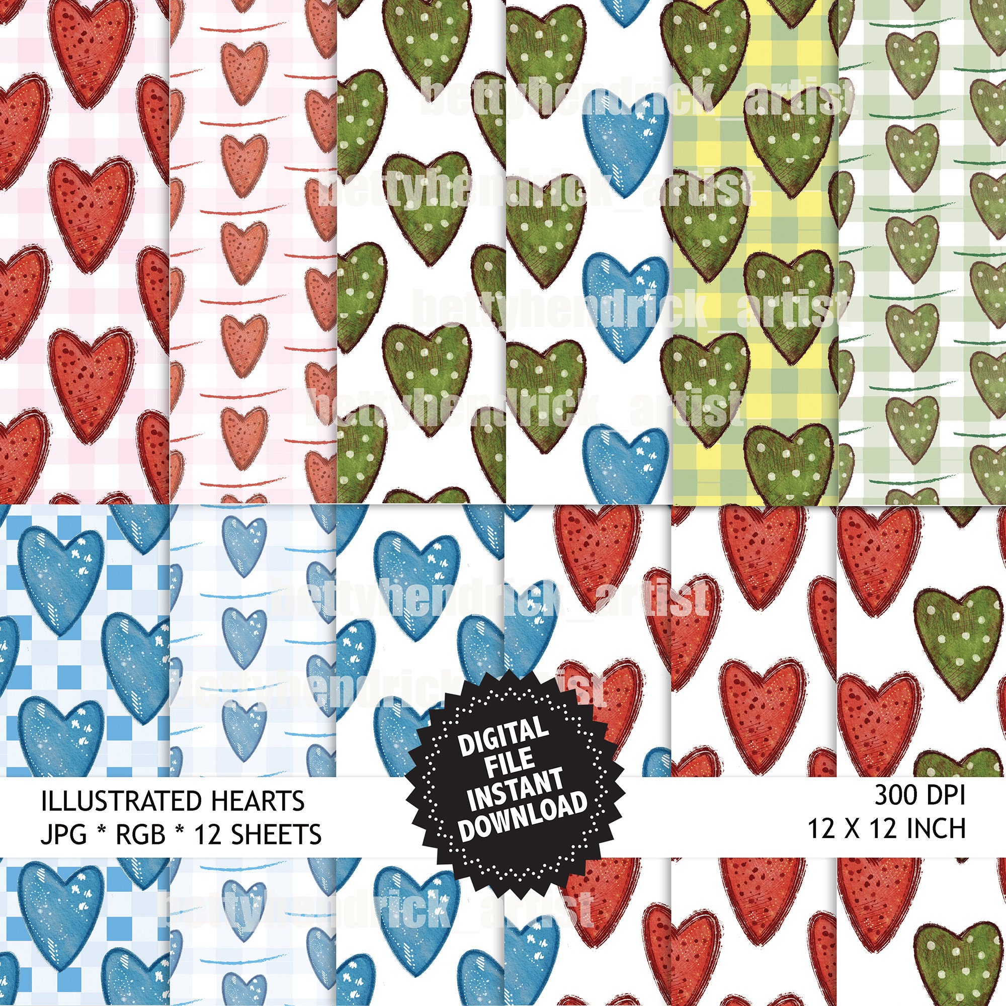 12 Hearts Pattern Paper Printable, Red Hearts Paper, Pattern Paper ...