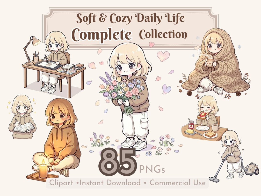 Cozy Kawaii Girl Clipart Bundle, Daily Life Elements, Planner Stickers ...