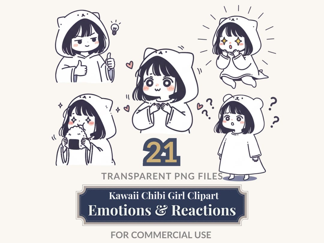 Kawaii Chibi Girl Clipart Emotions and Reactions | 21 Cute PNG Files ...