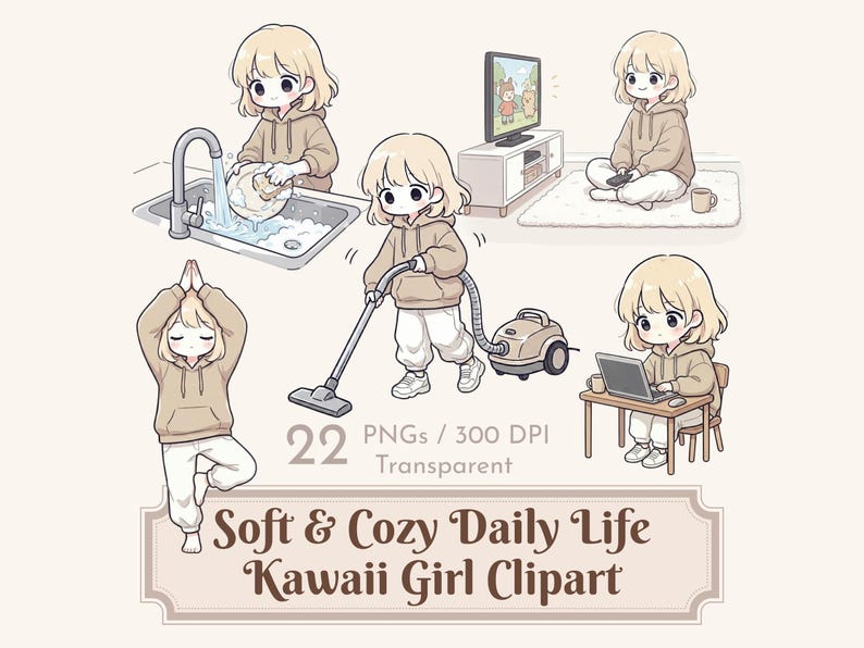 Kawaii Girl Daily Life Clipart PNG Planner Stickers Chores Routine ...