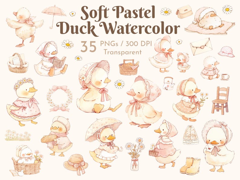 Watercolor Duck Clipart | Pastel Baby Ducks With Flowers (PNG) - Etsy