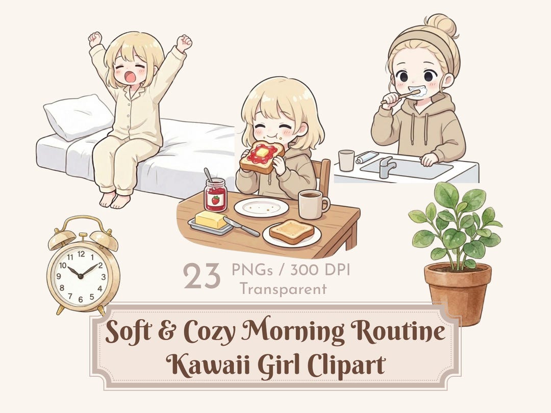 Soft Cozy Morning Routine Kawaii Girl Clipart PNG Planner Stickers ...