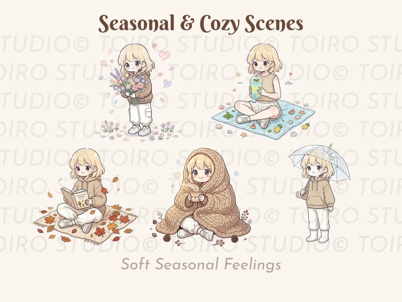 Cozy Kawaii Girl Clipart Bundle, Daily Life Elements, Planner Stickers ...