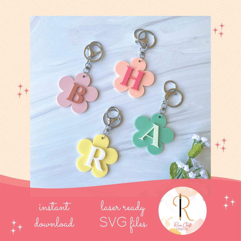 Retro Daisy Monogram Tag Laser SVG File, Daisy Initial Keychain ...