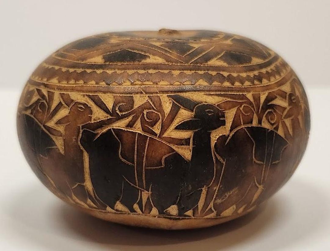 Vintage Carved Peruvian Gourd Shaker Depicting Llamas and Herders - Etsy