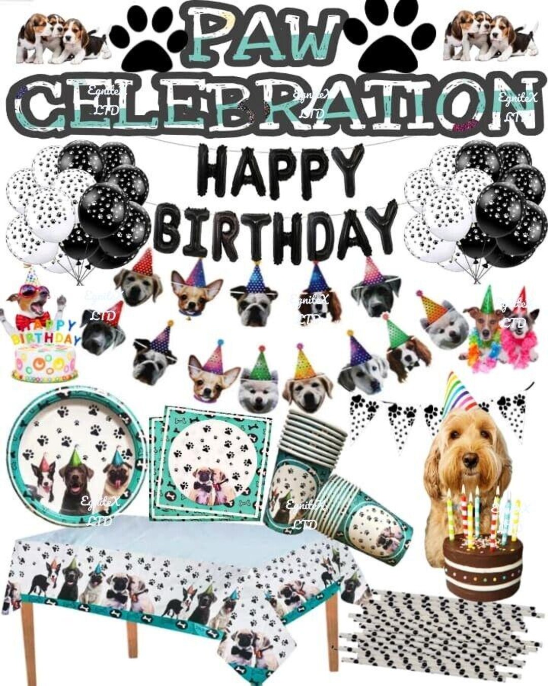 Dog Paw Print Party Tableware Set, Pug Birthday Balloons Decorations ...