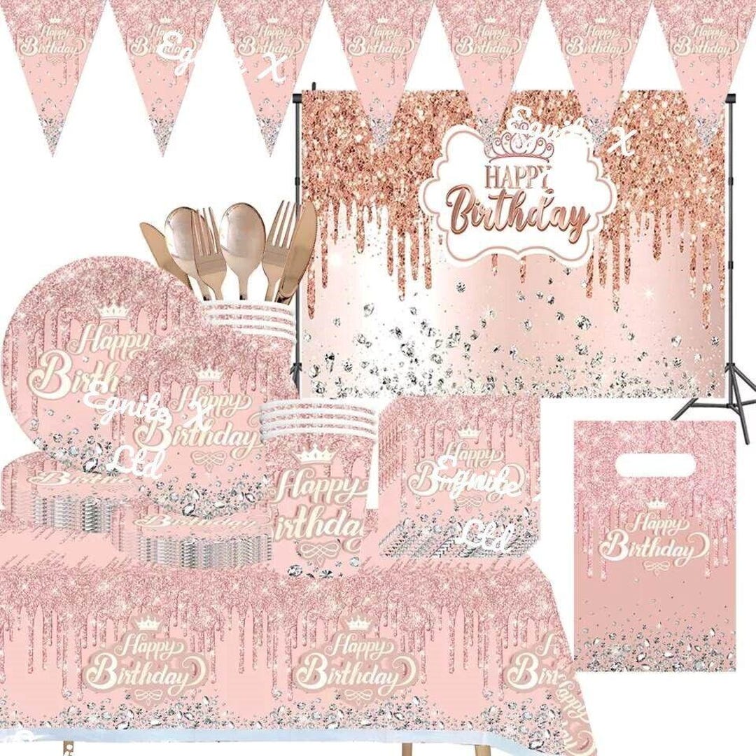Rose Pink Glitz Happy Birthday Party Supplies Tableware Set Decorations ...